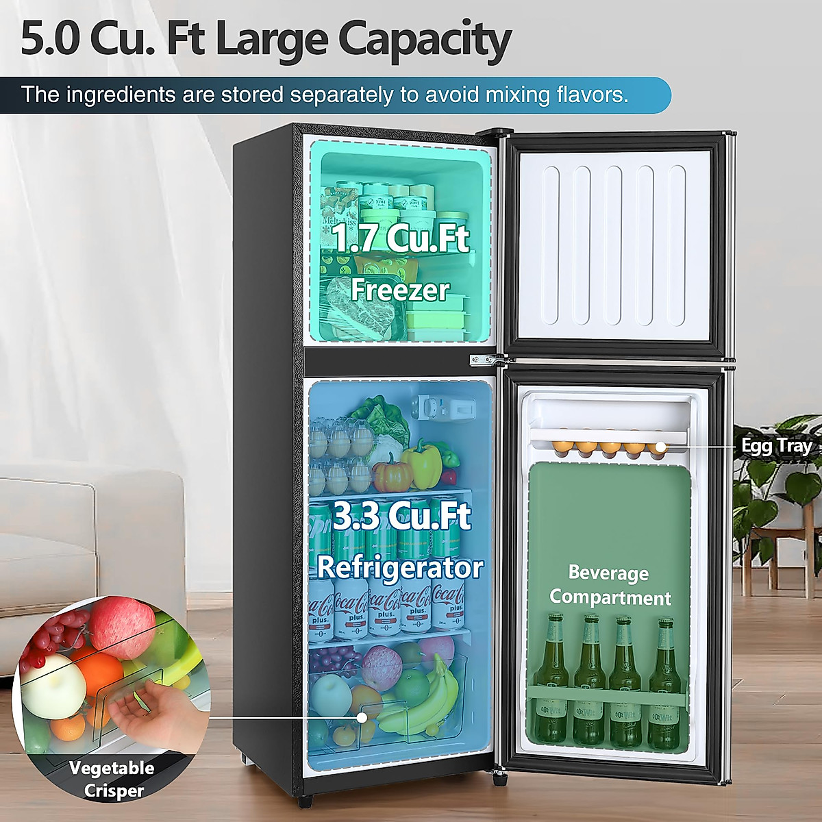 Fox Shack 5 Cu Ft Fridge, Refrigerator with Freezer, 2 Doors Apartment Size Fridge, Energy-efficient, 5 Settings Temperature Adjustable, for Kitchen, Office, Dorm