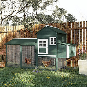 PawHut 84" Wooden Chicken Coop, Hen House Outdoor with Run Nesting Box, Asphalt Roof, Removable Tray, Ramp, Poultry Cage for 2-3 Chickens, Green