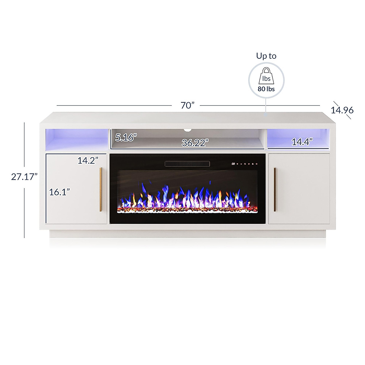 BELLEZE 70" Fireplace TV Stand for TVs Up to 80", LED Light Entertainment Center with 36" Electric Fireplace Heater, Storage Cabinet, Media Console Table for Living Room - Avenue (White)