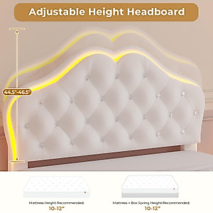 ADORNEVE Twin Bed Frame with RGB LED Lights, Princess Bed Frame with Adjustable Crystal Button Headboard, Velet Upholstered Platform Bed for Girls, Solid Wooden Slats, Easy Assembly, Creamy White