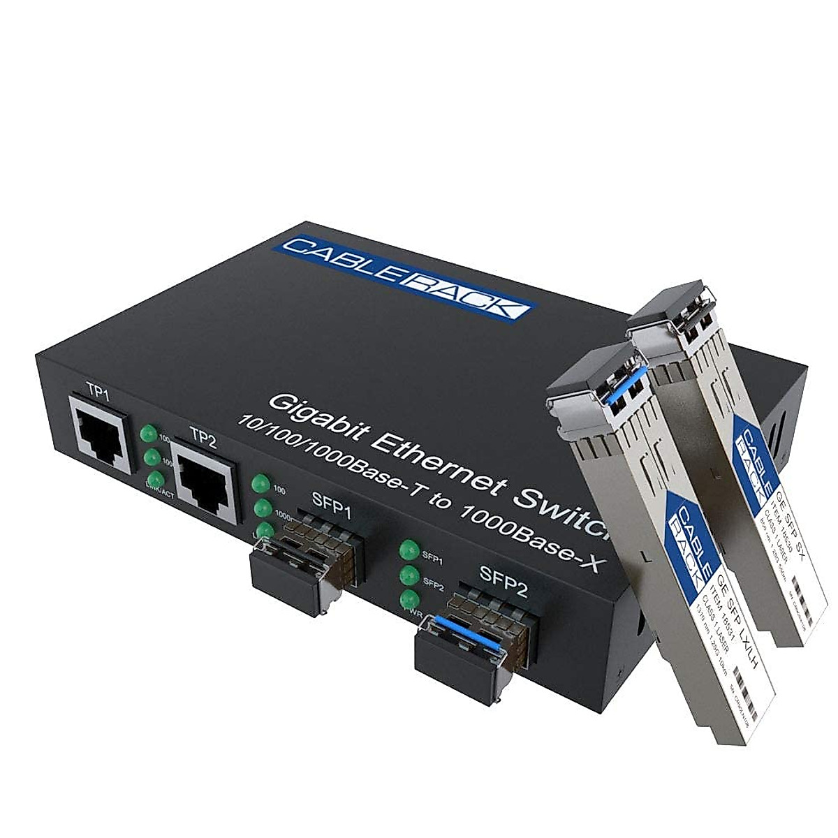 CableRack Gigabit Media Converter Multimode to Singlemode All-in-one (3 Configurations) Fiber Switch with Dual 10/100/1000M Ethernet Ports (2 Pack)