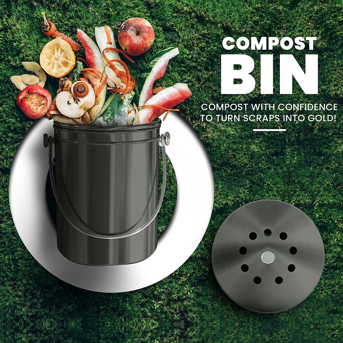 Utopia Kitchen Compost Bin for Kitchen Countertop, 1.3 Gallon Compost Bucket for Kitchen with Lid, Includes 1 Spare Charcoal Filter (Grey)