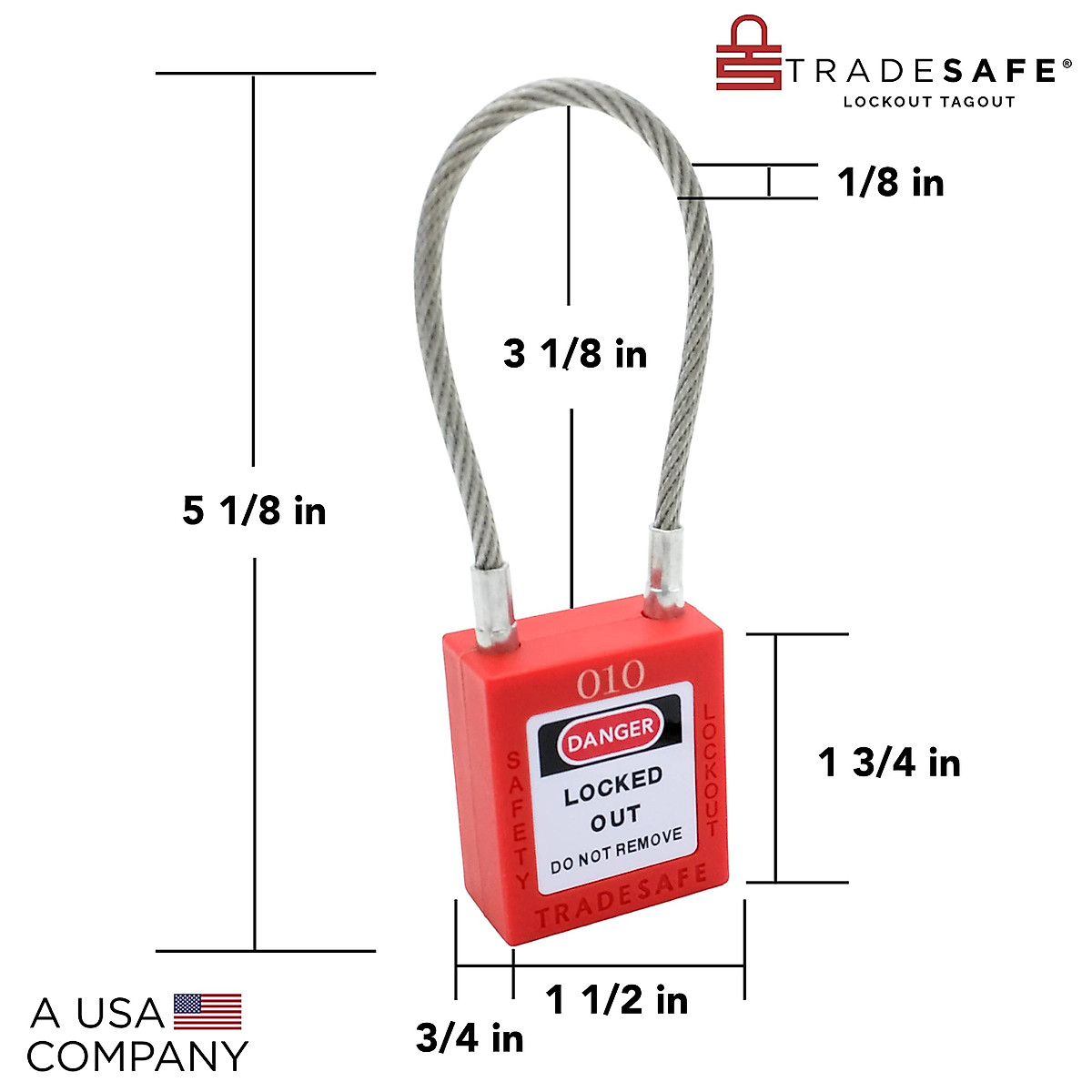 TRADESAFE Lockout Tagout Steel Cable Locks with Keys,10 Red Keyed Different Electrical Lockout Padlock Set, 2 Keys per Lock, OSHA Compliant, Premium Grade