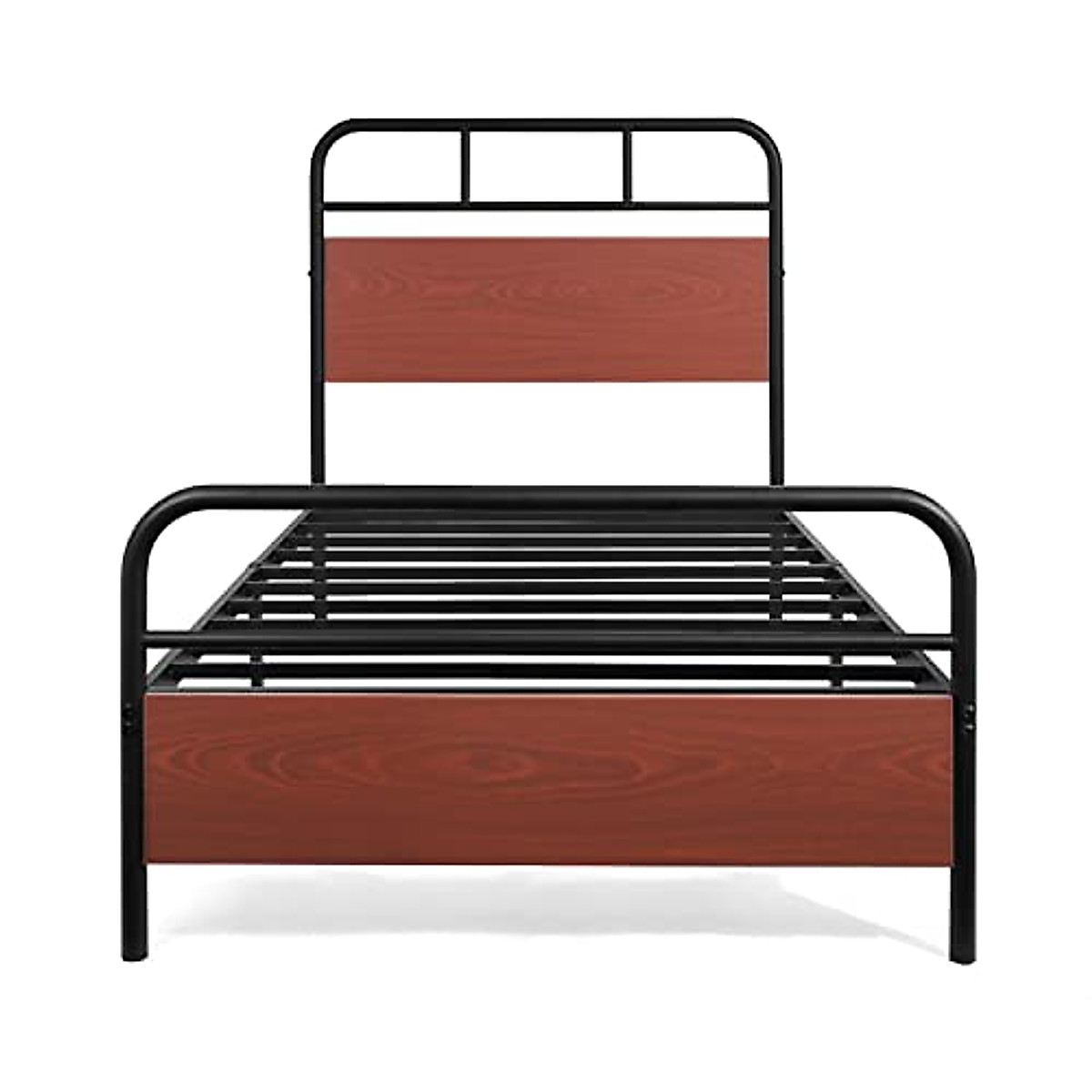 CAPHAUS Round Corner Metal Bed Frame with Modern Wood Headboard and Footboard, Mattress Foundation, Metal Platform Bed with Premium Steel Frame, Noise-Free, No Box Spring Needed, Twin Size, Walnut