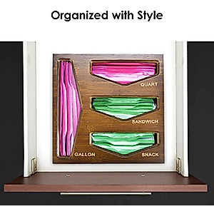 Oqnsrwg Bamboo Ziplock Bag Storage Organizer for Kitchen Drawer, Baggie organizer, Ziplock Bag Storage Organizer for Kitchen Drawer, Gallon Quart Snack Sandwich and Slider Bag Dispenser (1 Box 4 Slots) (Brown)