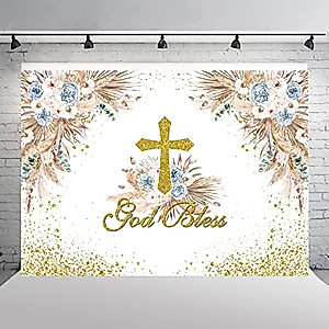 Wollmix 1st First Communion Baptism Decorations Backdrop 7x5ft God Bless Holy Communion Banner Christening Gold Dots Boho Florals Photography Background Baby Shower Banner Photo Booth Props