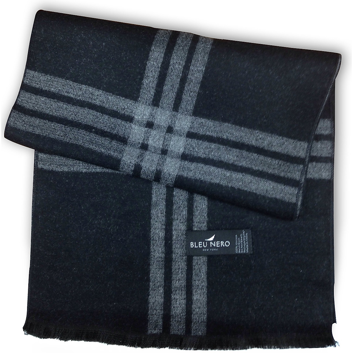 Livativ Bleu Nero Luxurious Winter Scarf for Men and Women – Large Selection of Unique Design Scarves – Super Soft Premium Cashmere Feel Black Grey Center Plaid