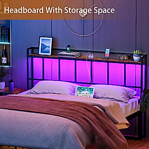 LAKEMID King Headboard, Headboards with LED Light, Outlets and USB Ports, Head Board with Storage Rack, Sturdy and Stable Headboard for King Size Bed, Adjustable Height, Easy Assembly, Rustic Brown