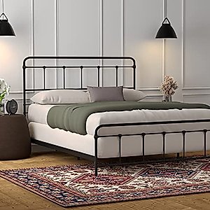 eLuxurySupply SNAP Metal Bed Frame - Carbon Steel with Antique Pewter Finish Folding Bed Frame - Easy Assembly with Headboard and Footboard - Sturdy Steel Construction Bed Base - Queen Size