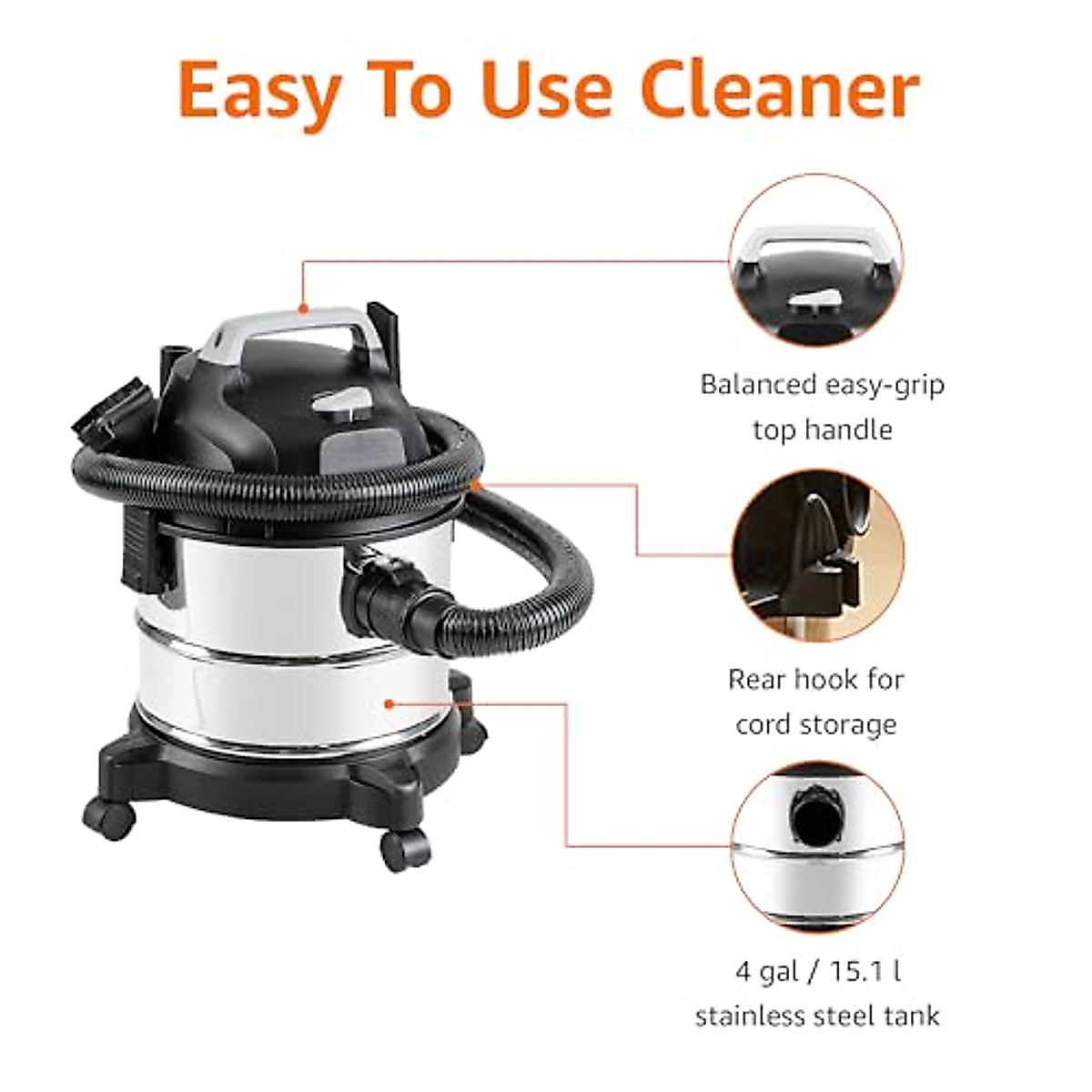 Amazon Basics Wet Dry Vacuum Cleaner, 4 gallon Shop, 3 HP Stainless Steel, Grey/Black