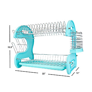Home Basics 2 Tier Dish Drainer (Turquoise) Dish Rack for Kitchen Counter, with Cutlery Holder and Cup Slots