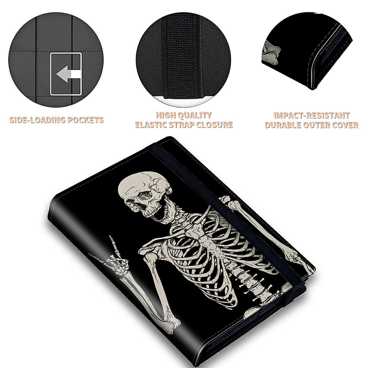 4 Pocket Card Binder, Waterproof Trading Card Folders with Double Sided Pockets, 320 Card Collection Binder for Game Cards/Most Standard Size Cards/Sports Cards, Rock Skull