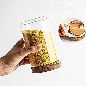 Bekith 3 Pack Glass Storage Containers with Airtight Seal Acacia Wood Lids, 31.6 FL OZ (950ml) Clear Glass Food Storage Jars for Kitchen, Glass Pantry Canister for Spaghetti Pasta, Coffee, Beans