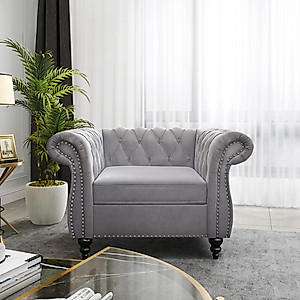3 Piece Living Room Set, Velvet Chesterfield Sofa Loveseat Couch Chair with Scroll Arms and Nailhead for Living Room, Office (Grey)