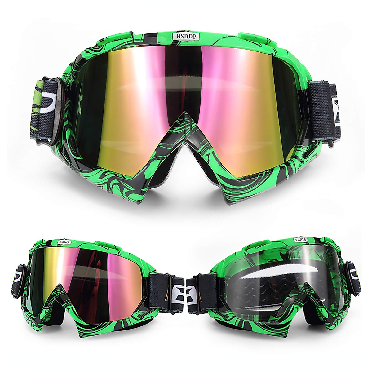ATV Cycling Goggles Motorcross Motorcycle Safety Glasses for Women Men Youth Shatterproof Anti-UV Dustproof Soft Sponge Padded Dirtbike Racing Snowboard Ski Goggle Green Black-Tinted Lens KG10