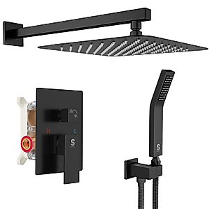 SR SUN RISE 12 Inches Matte Black Shower System 12 Inch Brass Bathroom Luxury Rain Mixer Shower Combo Set Wall Mounted Rainfall Shower Head System Shower Faucet Rough-in Valve Body and Trim Included