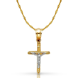 Ioka 14K Two Tone Gold Jesus Crucifix Cross Pendant with 1.2mm Singapore Chain Chain Necklace - 22"