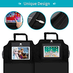 Meinkind Car Backseat Organizer, 2-Pcs Car Seat Protector Back Seat Organizer Kick Mats with Clear Screen Tablet Holder, Water-Proof Car Seat Organizer, Travel Organizer for Kids and Toddler, Black