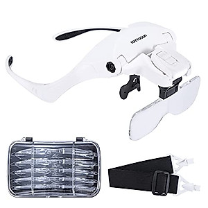 YOCTOSUN Head Magnifying Visor with 4 LED Lights and 5 Detachable Lenses 1X, 1.5X, 2X, 2.5X 3.5X - Hands-Free Headband Magnifier Glass for Jewelry, Arts, Crafts and Close Work