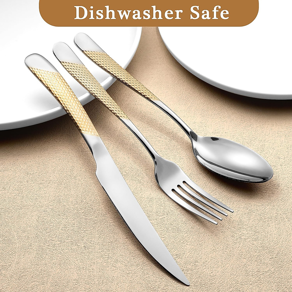 24 Piece Gold Hammered Silverware Set for 6, Premium Food-grade Stainless Steel Flatware Set, Luxury Design & Mirror Polished Cutlery Set, Eating Utensil Set with Fork Knife Spoon, Dishwasher Safe