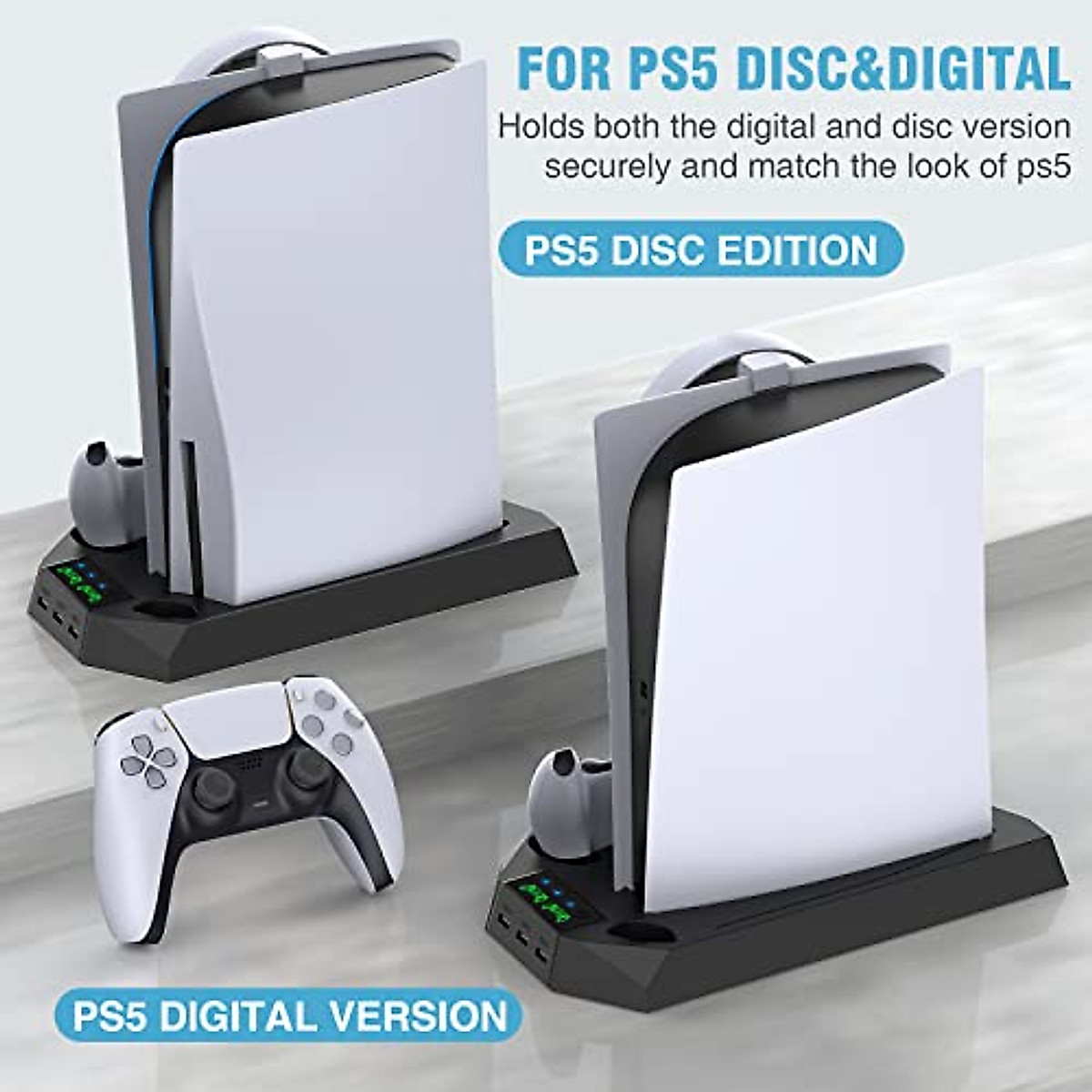 CYKOARMOR PS5 Stand with Cooling Station and Dual Controller Charging Station for PS5 Digital Edition, PS5 Disc Version, PS5 Cooling Fan with Headset Holder and 3 Adjustable Fan Speeds Black