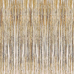 i-CHONY 2 Pcs 3.2ft x 8.2ft Champagne Gold Metallic Tinsel Foil Fringe Curtains Photo Booth Backdrop for Baby Shower Birthday Wedding Holiday Celebration Bachelorette Party Decorations