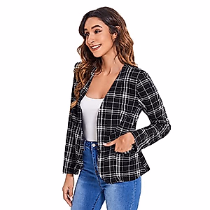 Milumia Women Elegant Open Front Plaid Blazer Work Office Jacket Outwear Z Black and White Medium