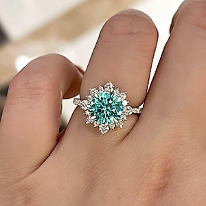 Effinny Moissanite Engagement Ring Snowflake Design Halo Round Cyan Blue Promise Ring for Her 925 Sterling Silver 18K White Gold Plated Anniversary Ring (Size : 7)
