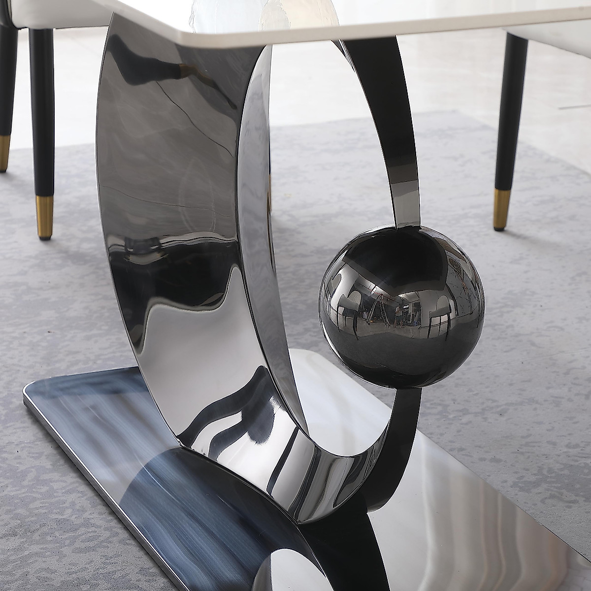 Voohek White+Black 7-Piece Modern Dining Room Set, with 6 Upholstered Chairs, Table w/Round Special Shaped Carbon Steel Pedestal Base, Family Furniture for Home, Kitchen, Carrara