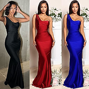 Uni Clau Wedding Guest Dresses for Women Formal Maxi Dress One Shoulder Long Prom Gowns and Evening Dresses Blue XXL