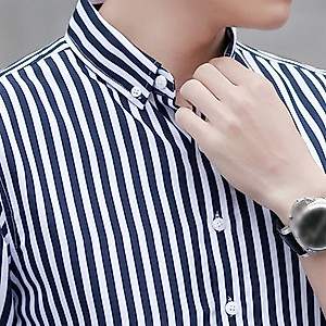 Men's Striped Button Down Shirts Casual Turn-Down Collar Slim Fit Shirts Classic Stylish Business Dress Shirts (Black,Large)