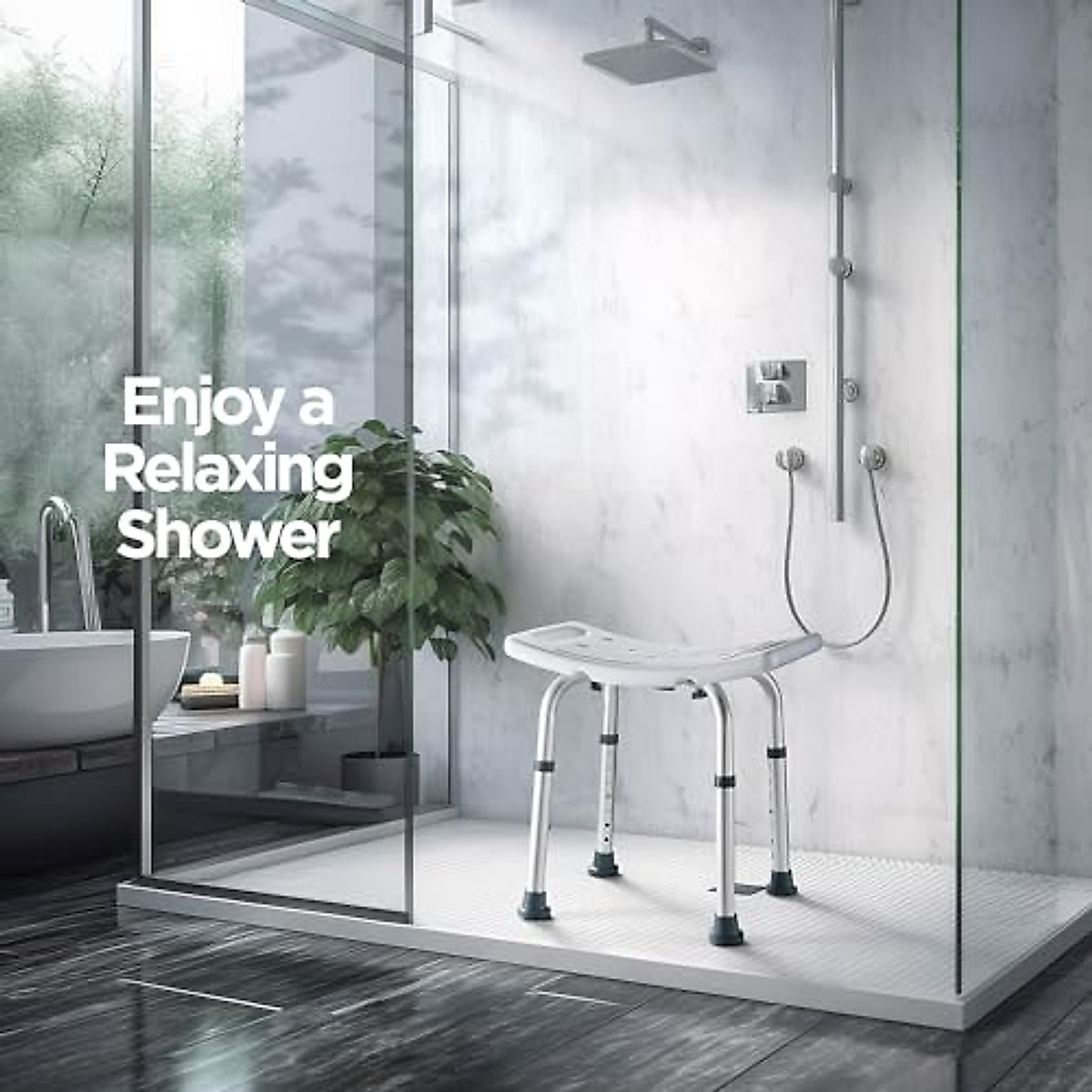 Shower Chair - with Back Scrubber & Additional Sponge - Tool Free Shower Chair for Elderly - with 8 Adjustable Heights - Portable Anti Slip Bath Chair for Elderly