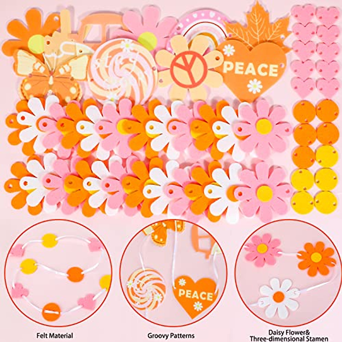 Qpout 4pcs Felt Groovy Party Decorations Set Include Groovy Hippie Boho Banner Groovy Boho Daisy Garland Round And Heart Garland for Wall Window Home Daisy Party Decorations Retro Classroom Decor