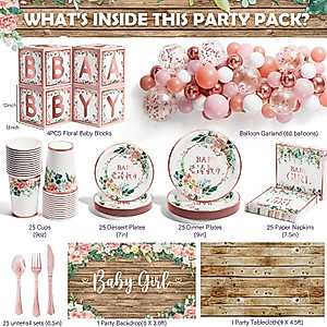 Ecomore Baby Shower Decorations for Girl - 245 PCS Gender Reveal Party Supplies Disposable Dinnerware with Rose Gold Floral Paper Plate Napkin Cutlery Tablecloth Backdrop Baby Boxs Balloon Garland Kit