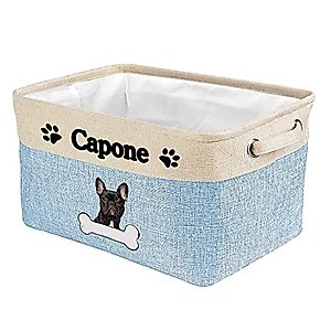 Personalized Puppy French Bulldog Bone Decorative Storage Basket Fabric Durable Rectangle Toy Box with 2 Handles for Organizing Closet Garage Clothes Blankets Blue and White