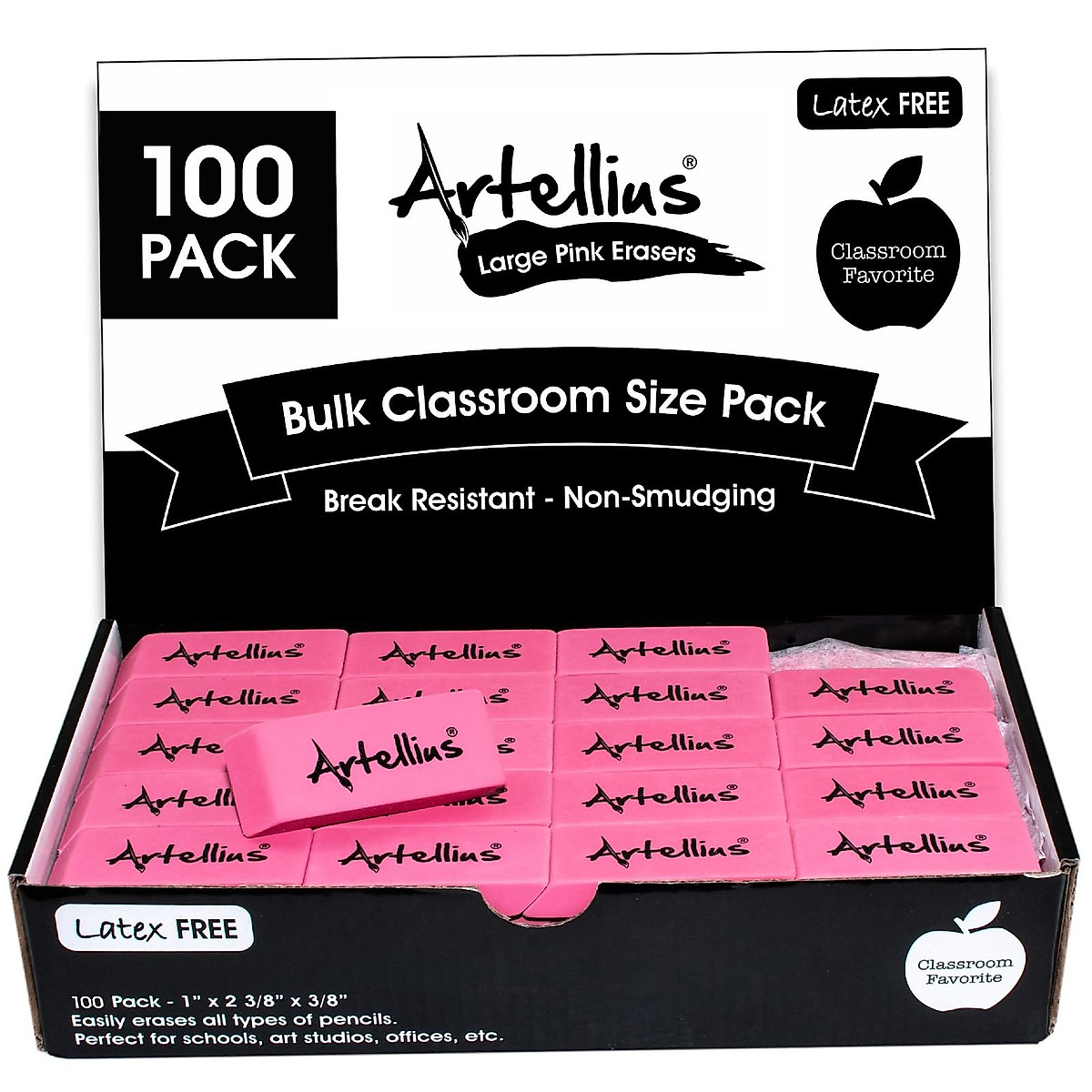 Pink Erasers Pack of 100 - Large Size, Latex & Smudge Free - Bulk School Supplies for Classrooms, Teachers, Homeschool, Office, Art Class, and More!