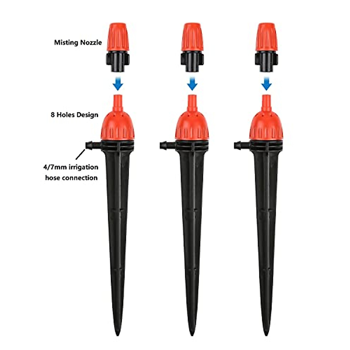 Yulaiyoen 25pcs Drip Irrigation Emitters for 1/4" Irrigation Hose Accessories, Adjustable 360 Degree Water Flow Stake Drippers, Garden Irrigation Drippers for Watering System