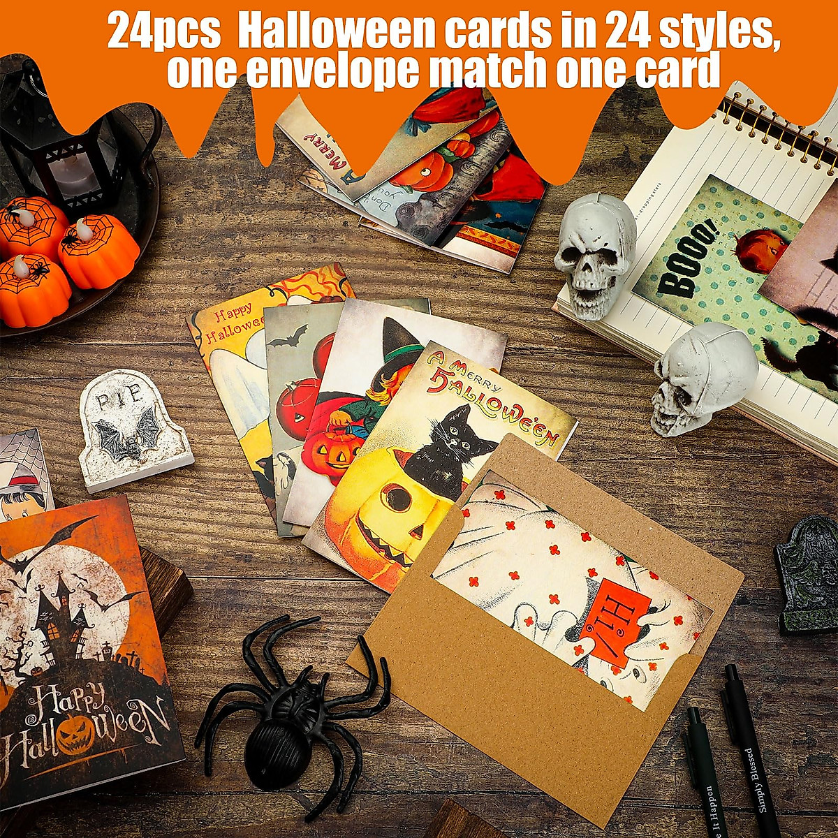 Yinder 24 Pcs Halloween Vintage Cards with 24 Pcs Envelopes 4.1 x 6.1 Inches Retro Greeting Card Funny Halloween Postcards Assorted Happy Fall Note Cards for Classroom Home Business Office Supplies