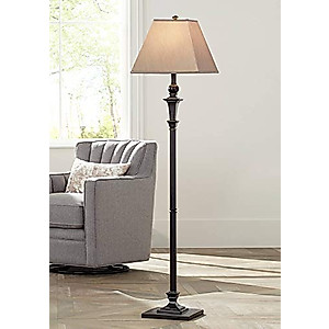 Regency Hill Madison Country Cottage Standing Floor Lamp 59" Tall Italian Bronze Brown Metal Taupe Faux Silk Square Hardback Shade Decor for Living Room Reading House Bedroom Office