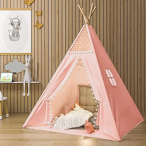 Gamenote Teepee Tent for Kids, Cotton Canvas Toddler Tents with Mat, Inner Pocket, Unique Reinforcement Part, Foldable Kids Play Teepee, Gifts Indoor Outdoor Playhouse for Baby Girls Boys