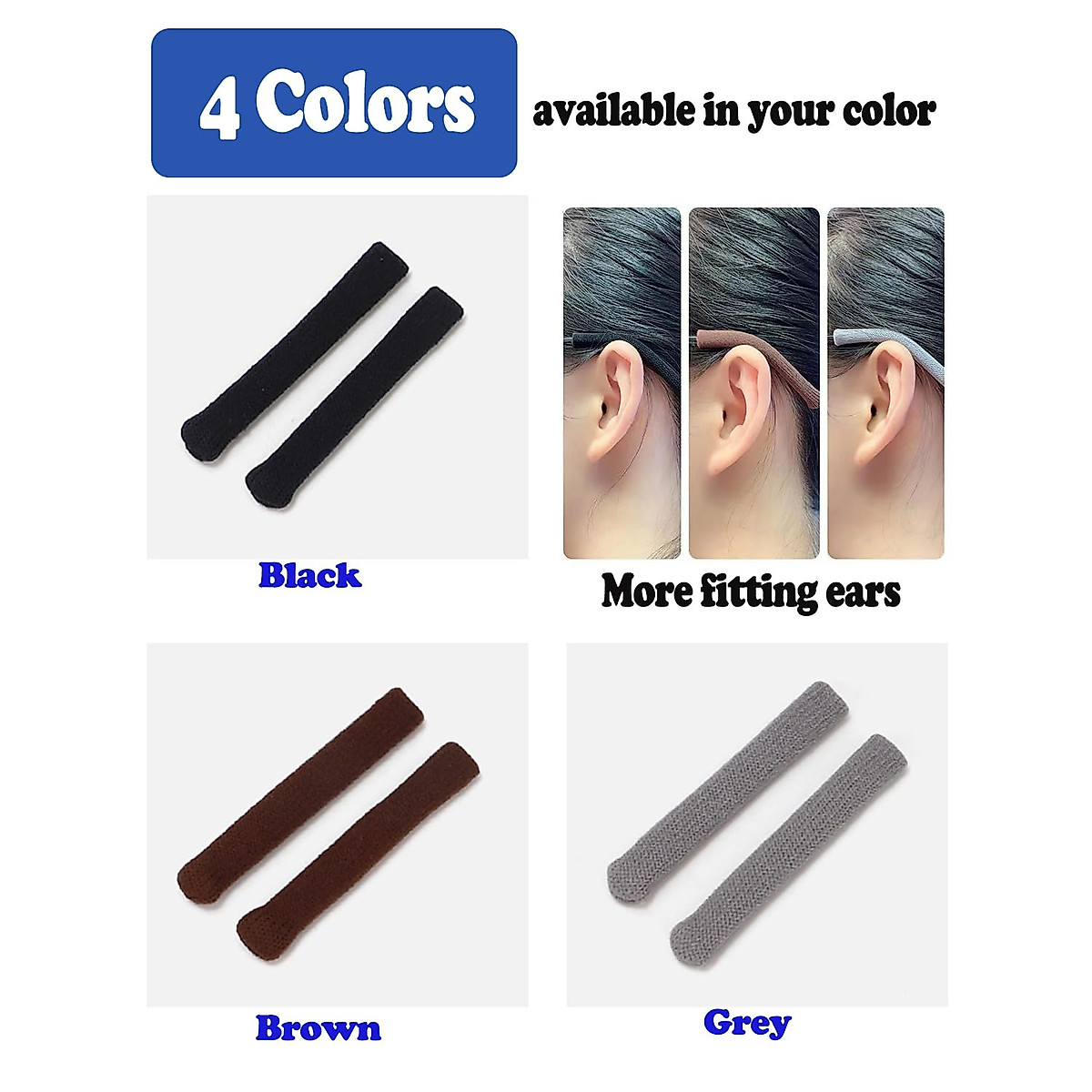 Upgrade Soft Knitting Cotton Fabric Glasses Ear Cushion, Anti-Slip Elastic Comfort Eyeglasses Temple Tips Sleeve Retainer, Eyeglass Ear Cushions Grips for Glasses Sunglasses Eyewear(2pairs Black)