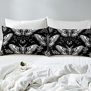 Death Moth Duvet Cover Set Queen Size Youth Gothic Skull Bedding Set 3pcs for Kids Boys Teens Room Decor, Moth Skeleton Skull Comforter Cover Moon Stars Quilt Cover with 2 Pillowcases, No Comforter