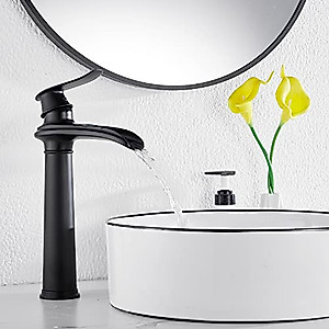 Black Bathroom Faucet GGStudy Single Handle One Hole Farmhouse Waterfall Bathroom Vessel Sink Faucet Matte Black Matching with Pop Up Drain