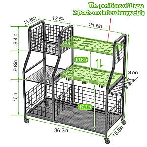 Felnuhee Garden Tool Organizer for Garage, 3 Tier Utility Yard Tool Organizer and Storage Holder with Wheels, Large Garden Tool Rack with Extra Storage Basket for Garden/Shed/Garage/Yard/Basement/Lawn
