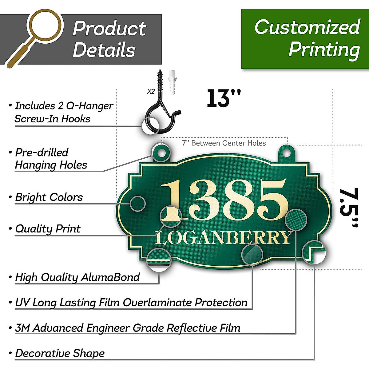 Hanging Address Sign, House Address Plaque, Indoor/Outdoor Use, 8x13 Inch, 22 Colors, Reflective Option, USA Made by My Sign Center (Victorian)