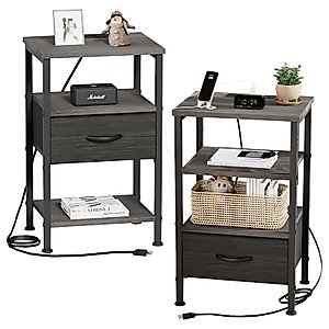 Fixwal Nightstands Set of 2 with Charging Station, Night Stand with Charging USB Ports 3-Tier Storage, Bedside Nightstand with Adjustable Fabric Drawer for Bedroom, Sofa, Modern Farmhouse Walnut Gray