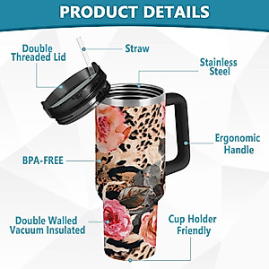 Yasala Car Tumbler with Handle Vintage Leopard Floral Art Travel Mug Coffee Cup Insulated Beverage Container Mega Cup for Hot Cold Drinking Thermos Water Bottle Cupholder Friendly 40 oz