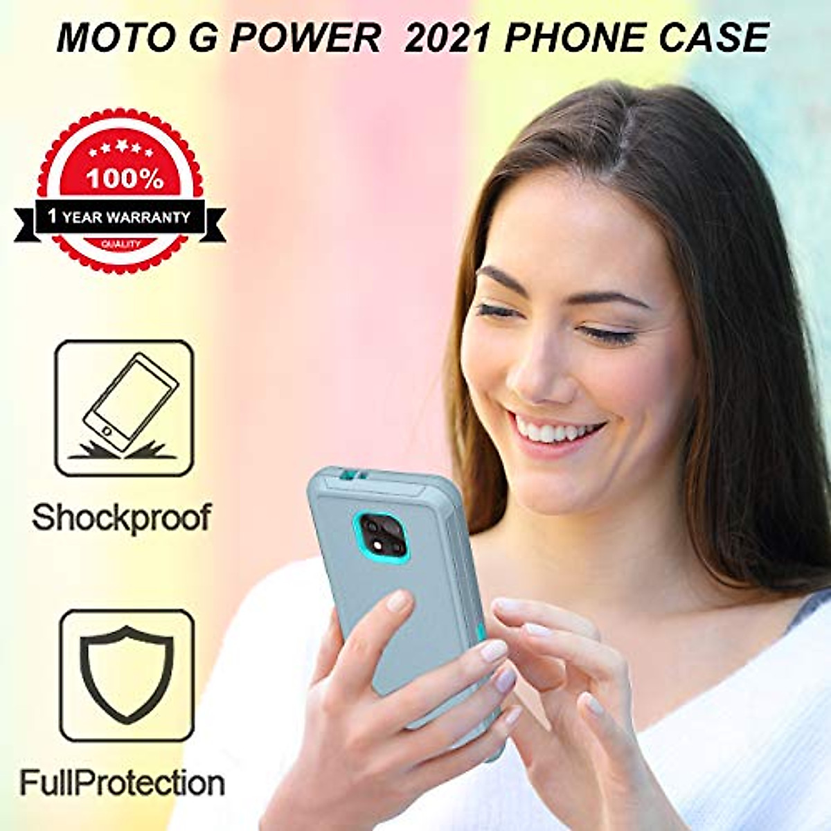 ONOLA Compatible with Moto G Power 2021 Case with HD Screen Protector (2 Packs) [Not for G Power 2020],Moto G Power Case 2021 Full Body 3 in 1 Durable Case for Moto G Power 2021 (Grey-SkyBlue)
