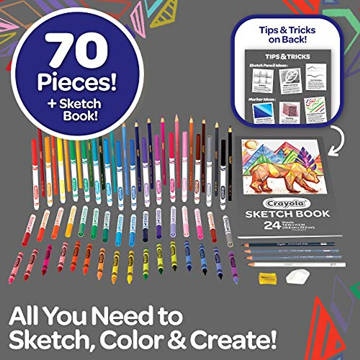 Crayola Sketch & Color (70pcs), Art Kit for Kids, Includes Coloring Kit, Art Case & Sketch Book, Gifts for Kids Ages 8+