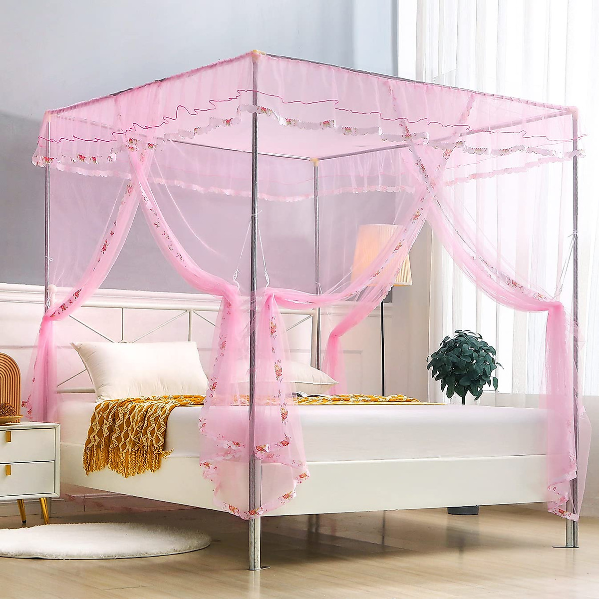 JQWUPUP Twin Canopy Bed Curtains - 4 Corner Canopy for Beds, Bed Canopy for Girls Adults, Bedroom Decor (Twin Size, Pink)